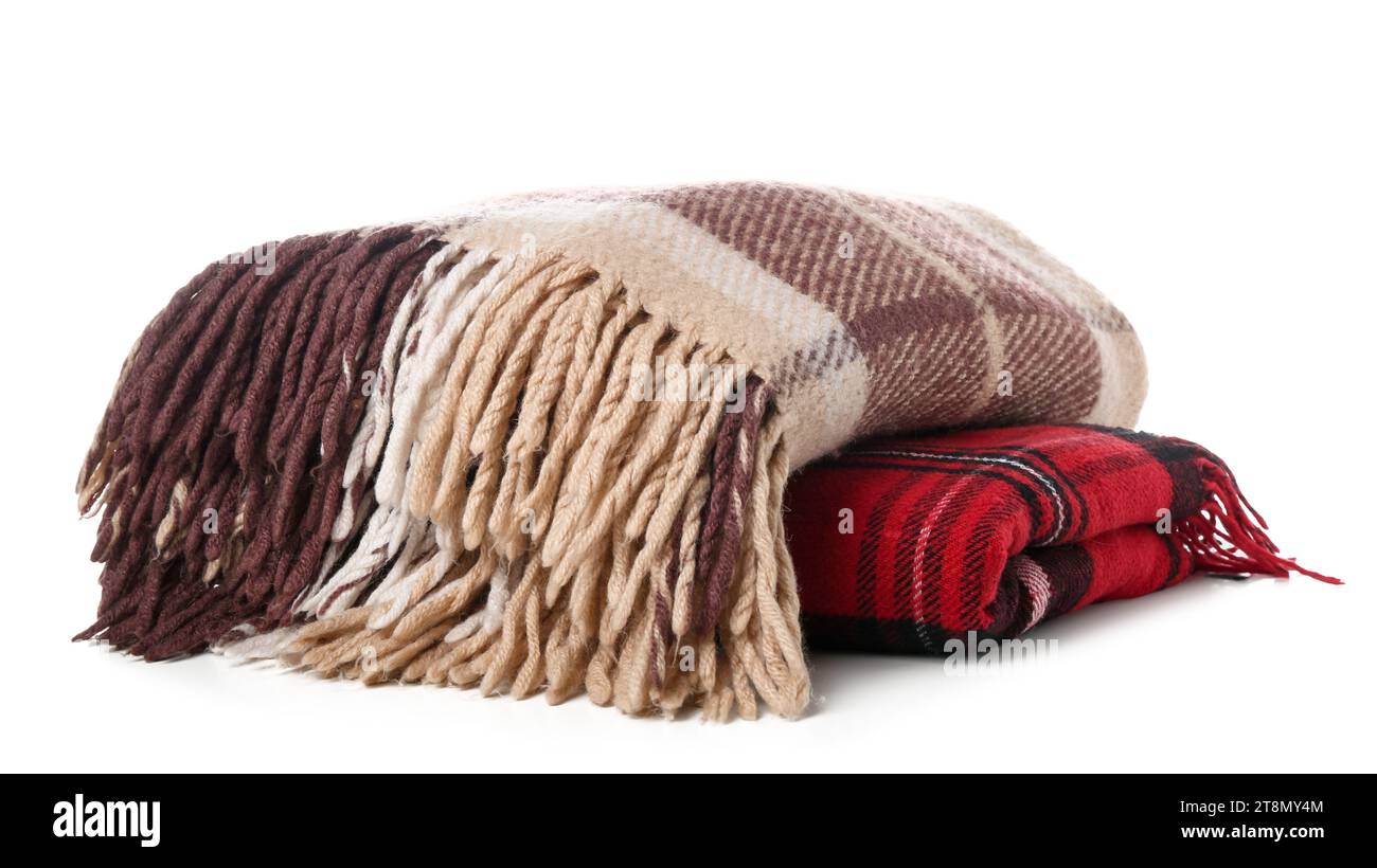 New soft folded blankets on white background Stock Photo - Alamy