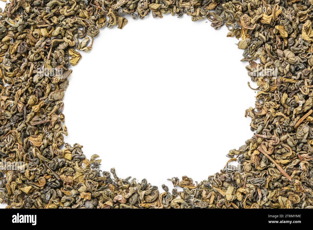 Frame made of dry green tea leaves on white background Stock Photo - Alamy