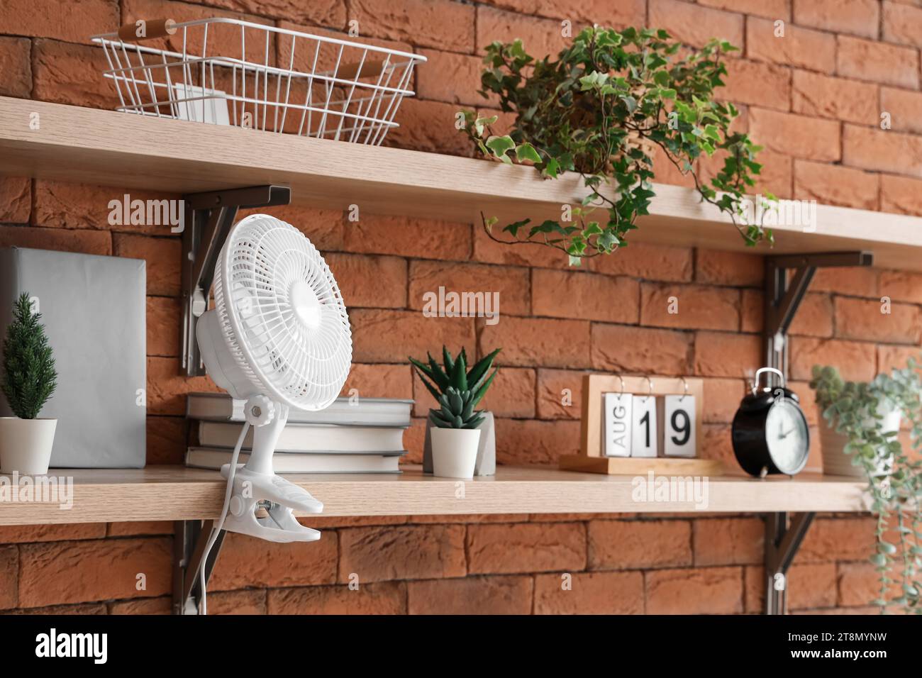 Electric fan and houseplants on wooden shelf near brown brick wall ...
