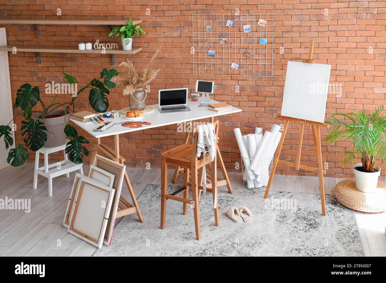 Interior of studio with artist's workplace and drawing supplies Stock ...