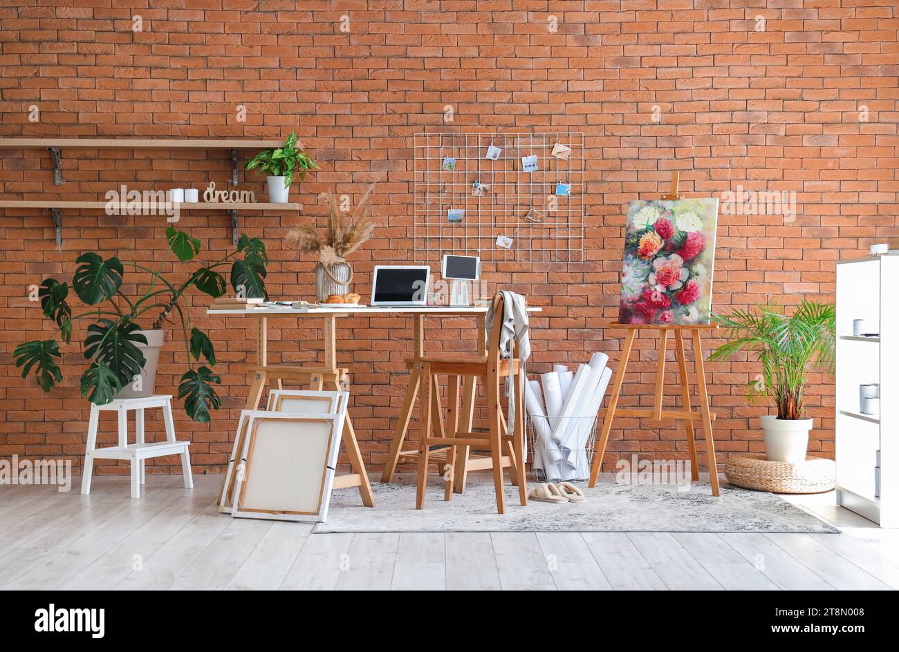 Interior of studio with artist's workplace and drawing supplies Stock ...