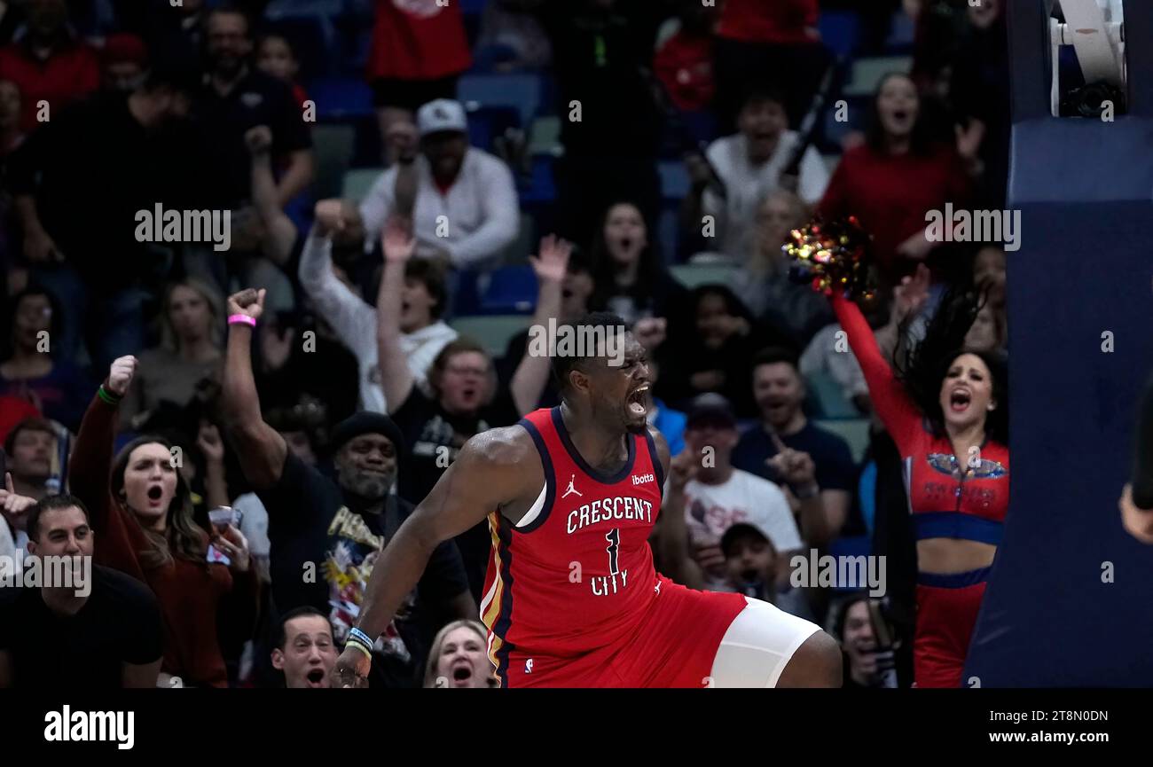 New Orleans Pelicans forward Zion Williamson (1) reacts after his slam ...