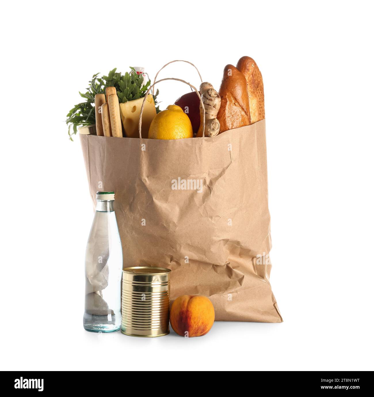 Paper bag full of food and bottle of water on white background Stock ...