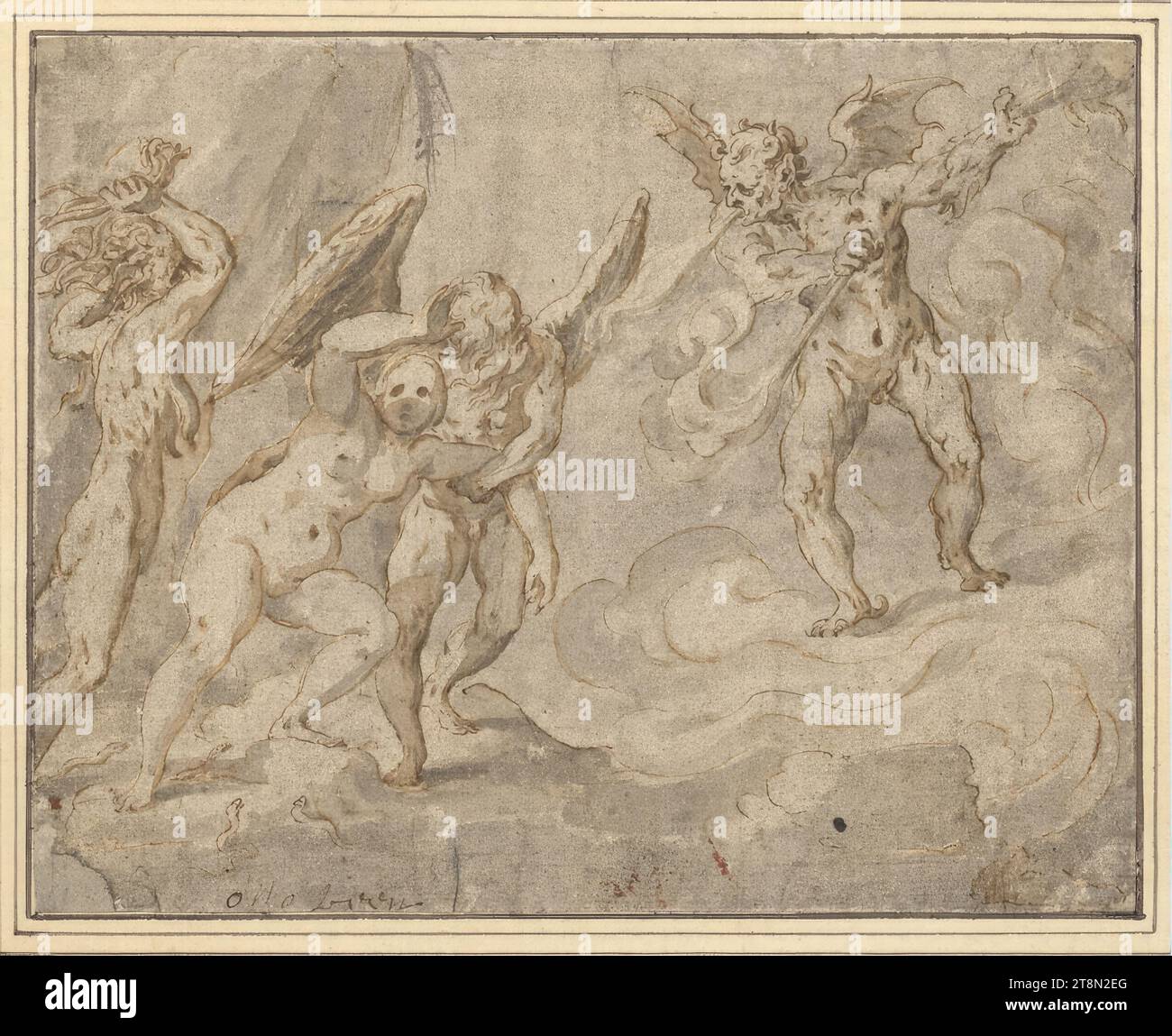 Chronos Drags Luxuria to Hell, Otho van Veen (Leiden 1556 - 1629 Brussels), drawing, pen in ...