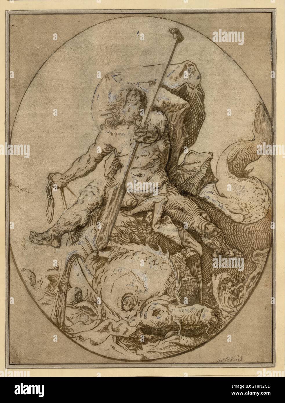 Neptune riding a dolphin, anonymous, drawing, pen in brown, heightened ...