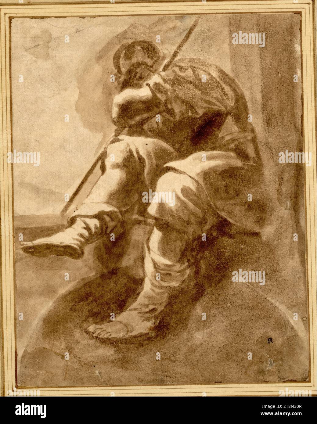 Roman soldier from below, sleeping on a parapet, anonymous, drawing ...