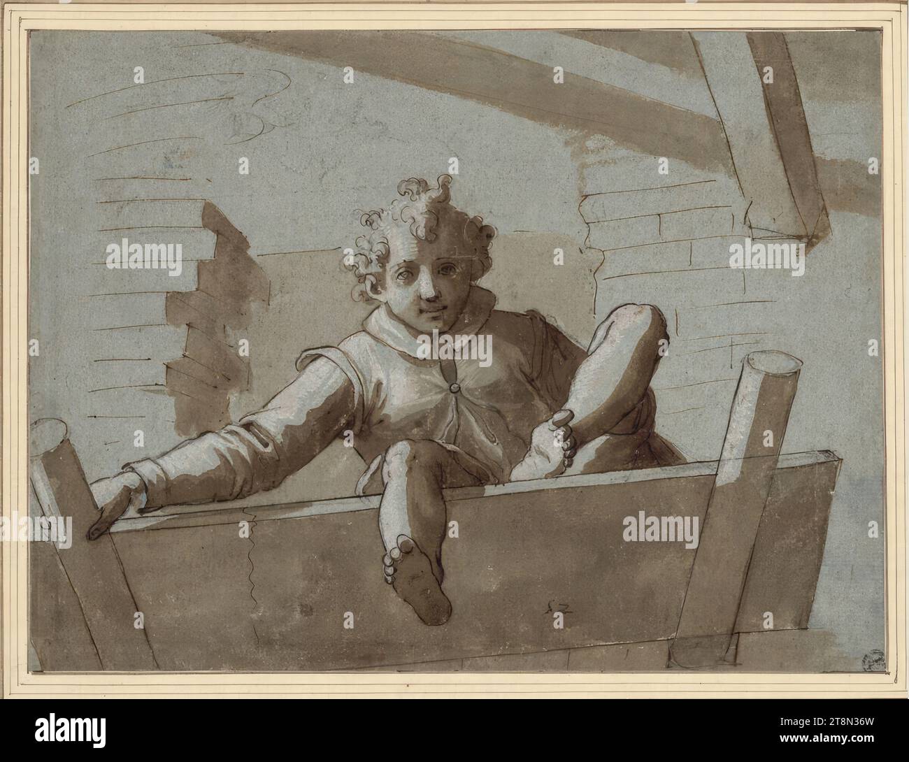 Seated youth on a protruding board from below, drawing, pen and ink in ...