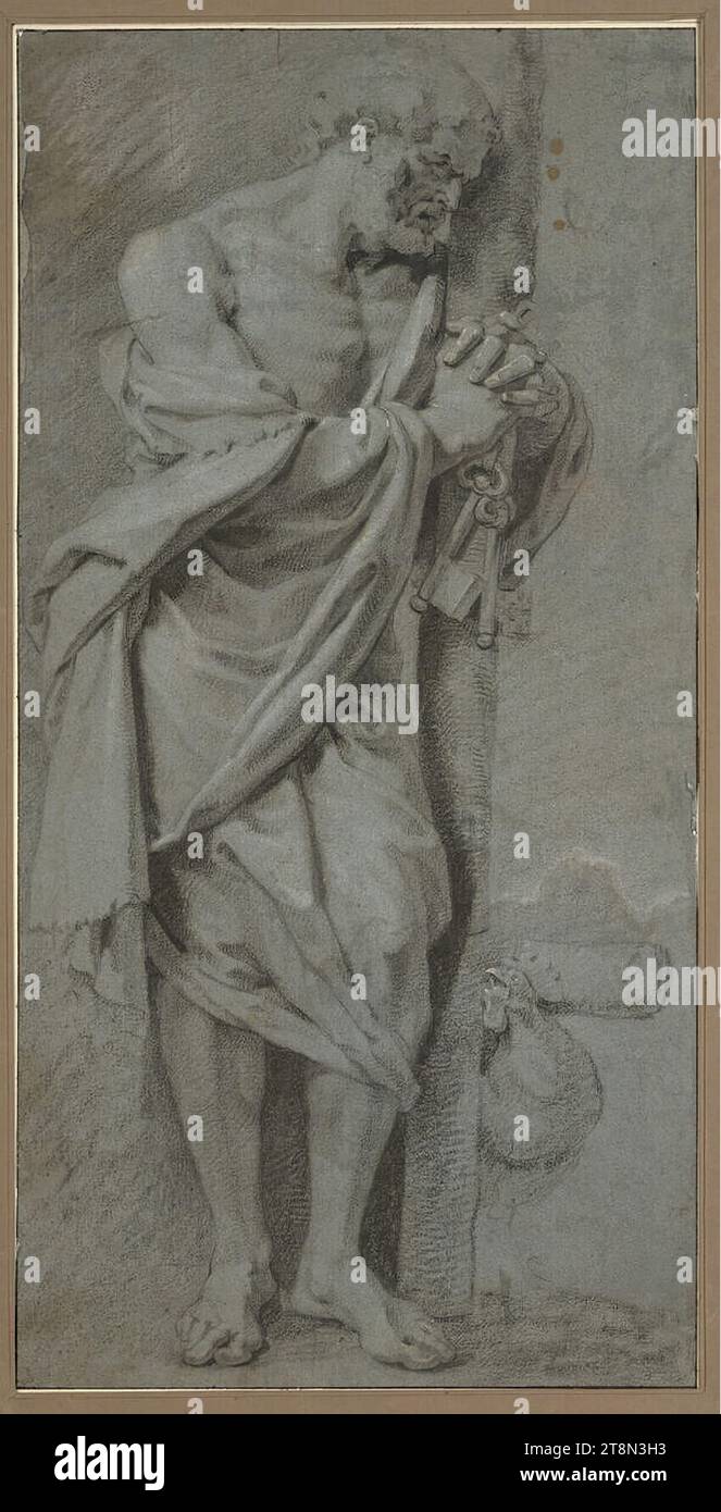 St. Peter with keys, cross and rooster, drawing, black chalk ...