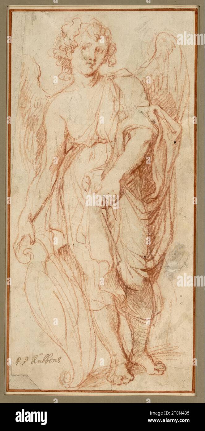 Standing angel with coat of arms, Peter Paul Rubens (Siegen 1577 - 1640 Antwerp), drawing, red ...