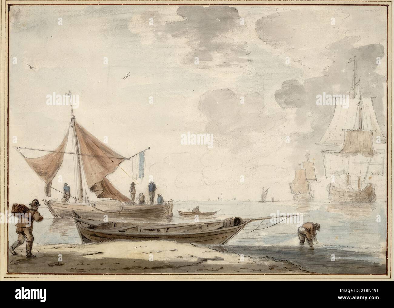 Coastal landscape with fishing boats and sailing ships, drawing ...