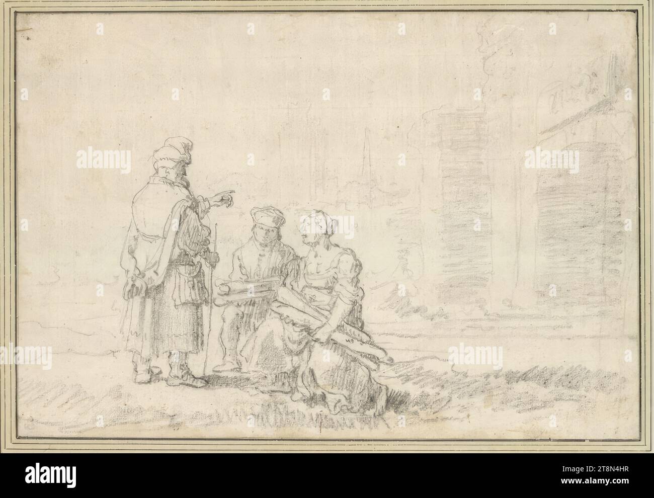 Man and woman with logs under their arms kneel before a man with a ...