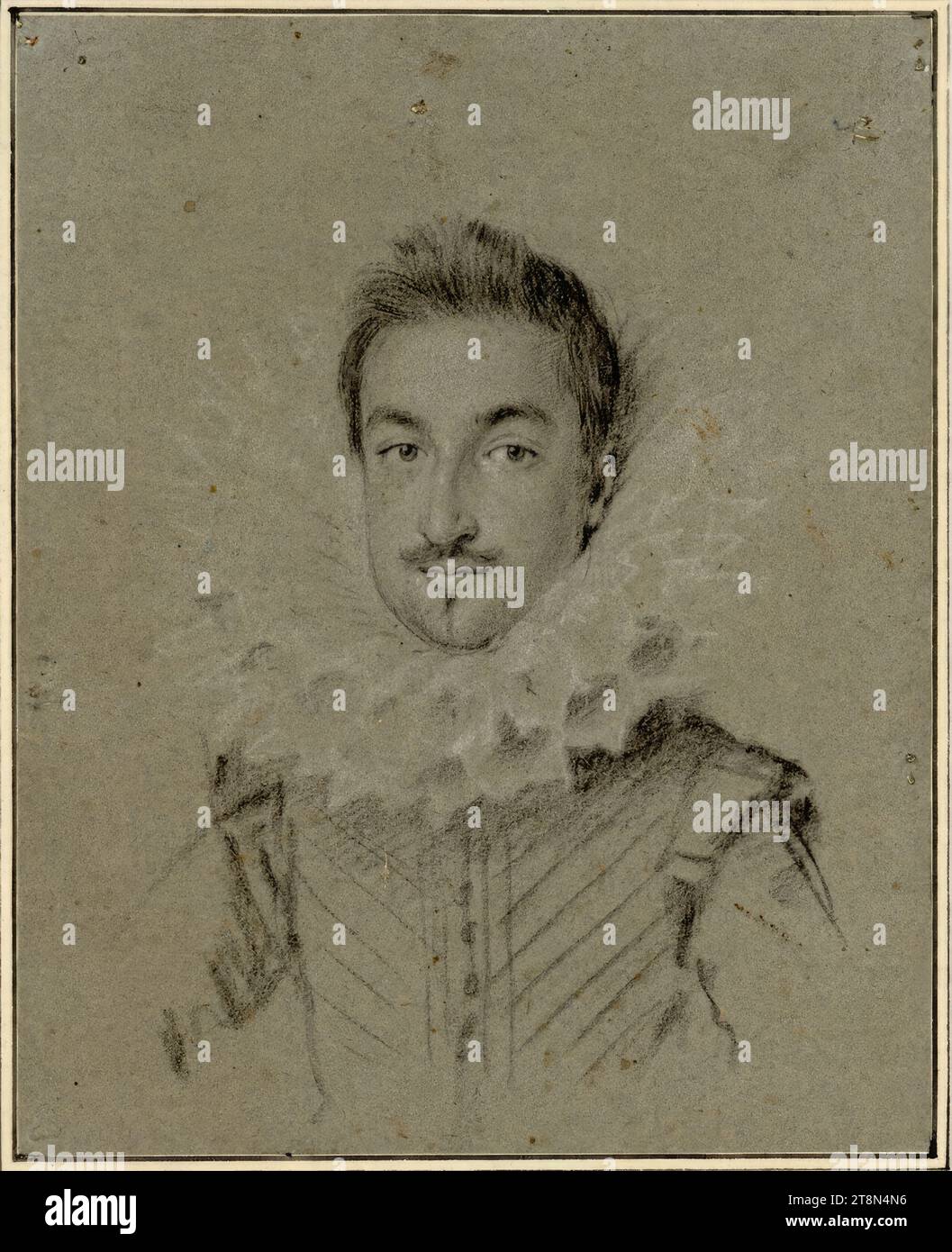 Half-length portrait of a young man with combed-up hair, mustache, bow ...