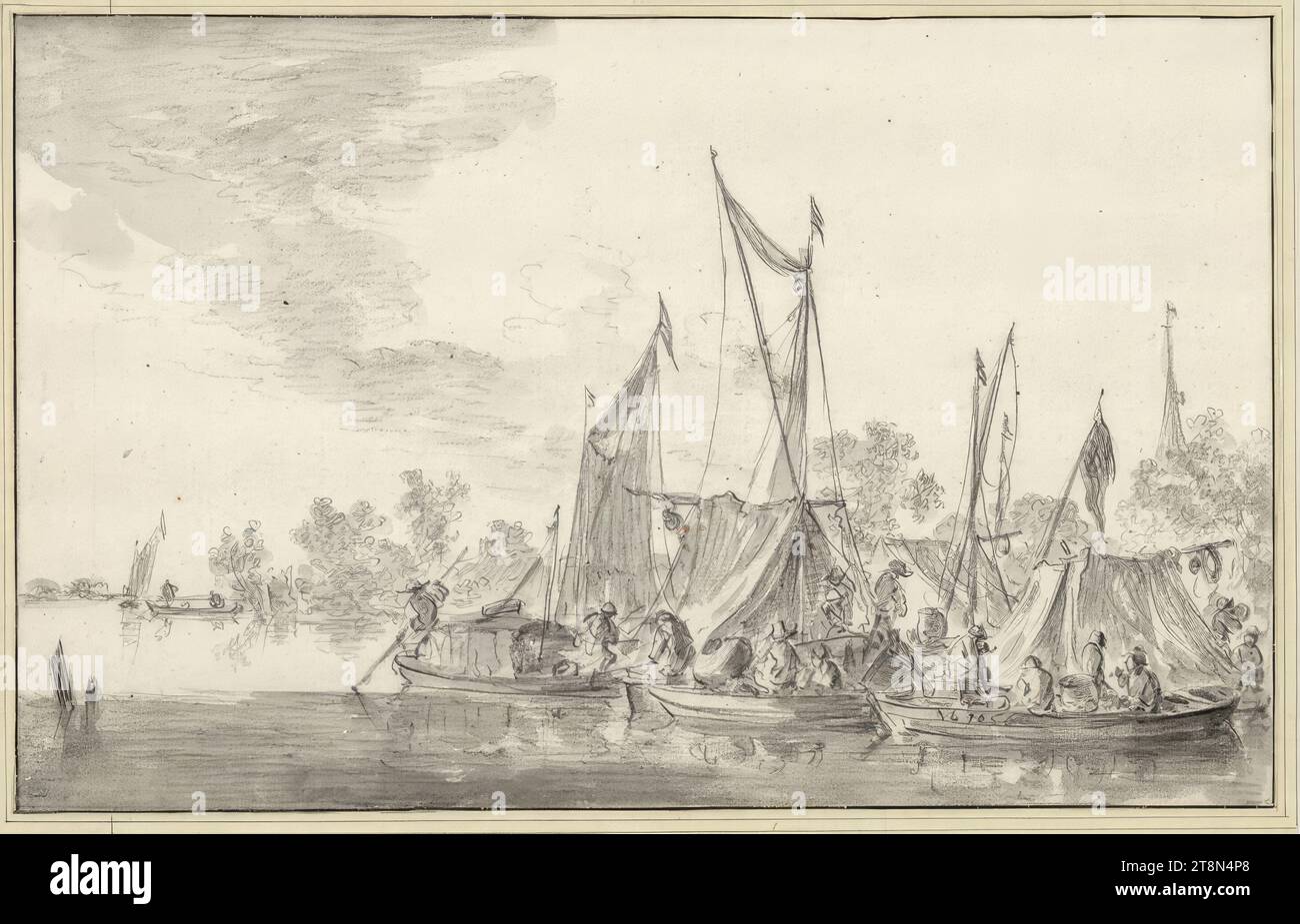 Boats with tent roofs lying on a tree-lined shore, Jan Josefsz. van ...