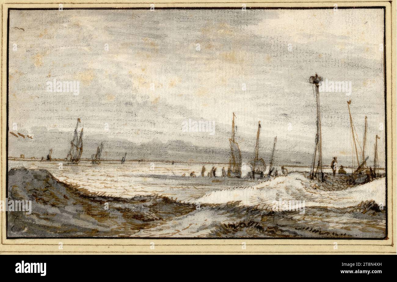 Seacoast with signal signs and fishing boats on the beach, Jan ...