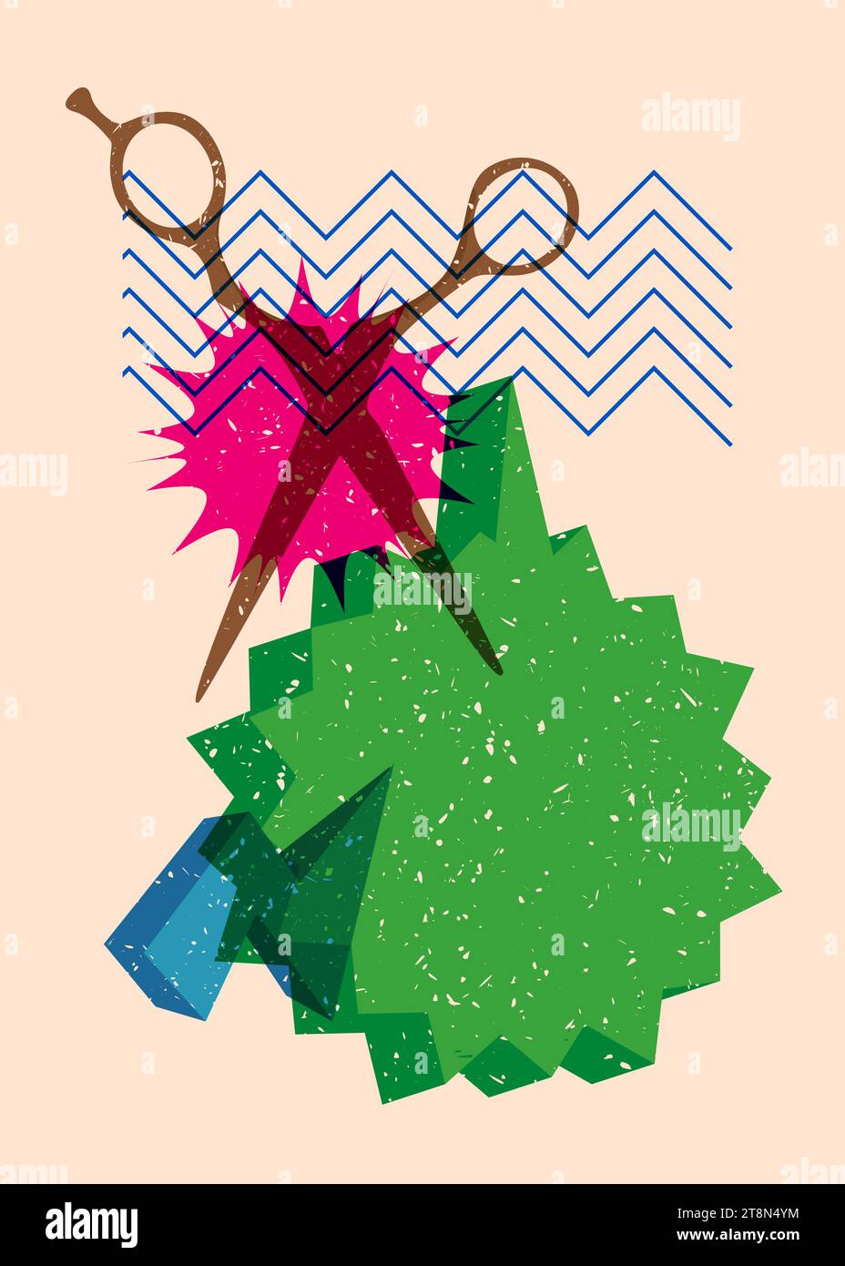 Risograph scissor with speech bubble with geometric shapes. Objects in ...