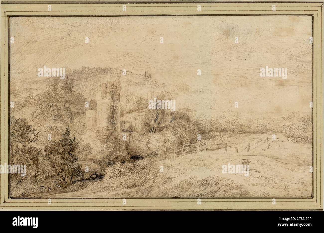 Landscape with trees and ruins, drawing, pen and brown and grey ...