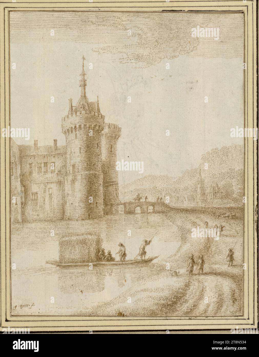 View of a moated castle, in front of it a small boat with an arbour ...