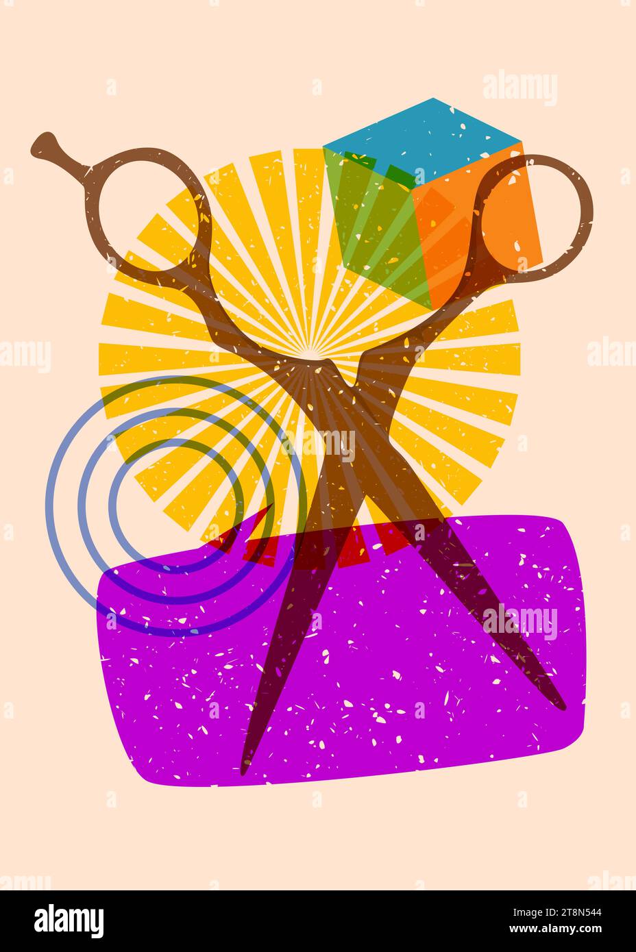 Risograph scissor with speech bubble with geometric shapes. Objects in ...