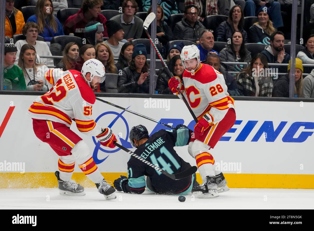 Seattle Kraken left wing Pierre-Edouard Bellemare falls against Calgary ...