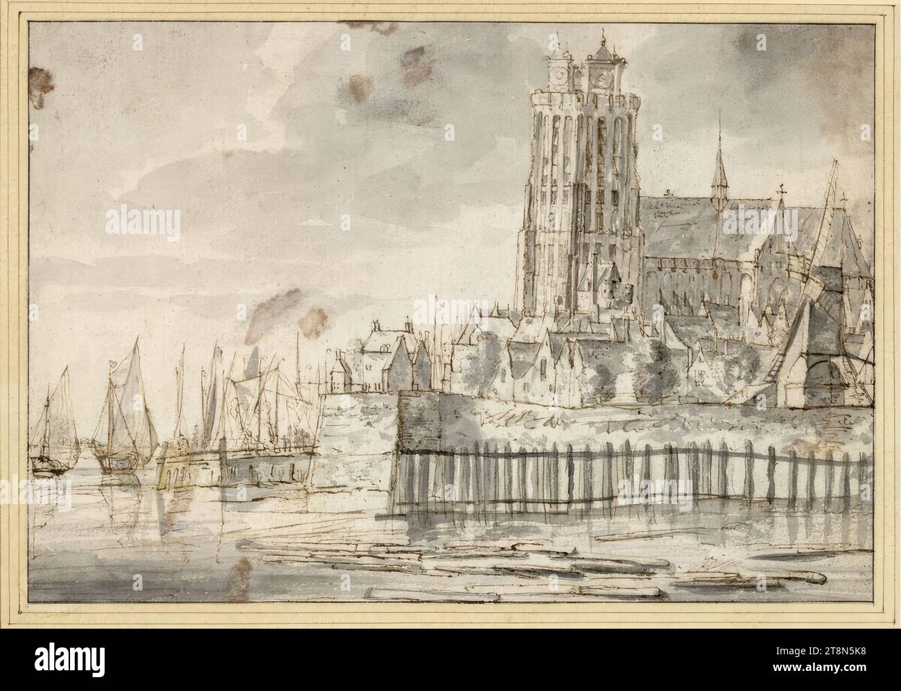 View from the Merwede to the Grote Kerk of Dordrecht, drawing, pen and ...