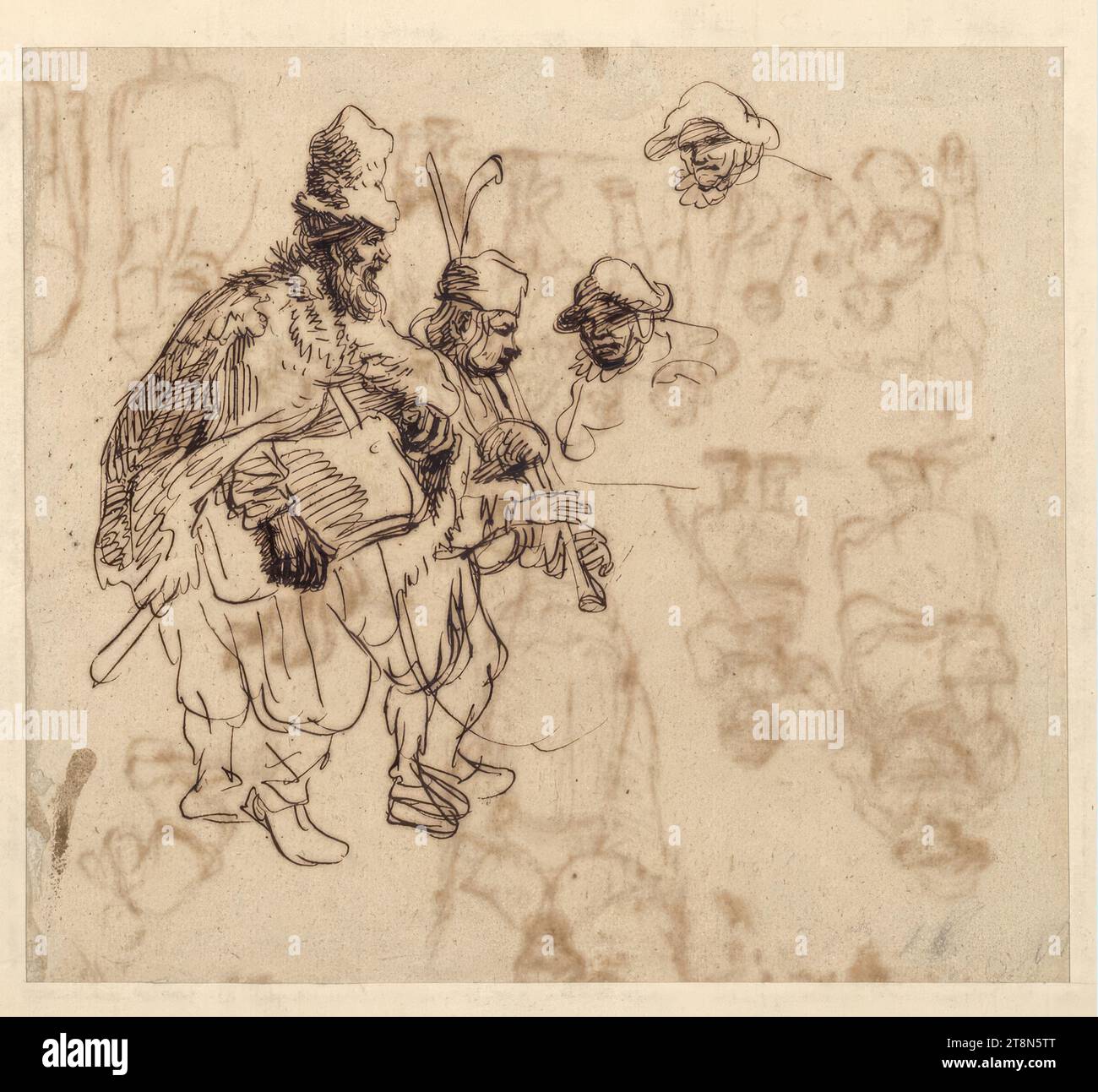 Sketch sheet with two street musicians and two heads of a woman ...