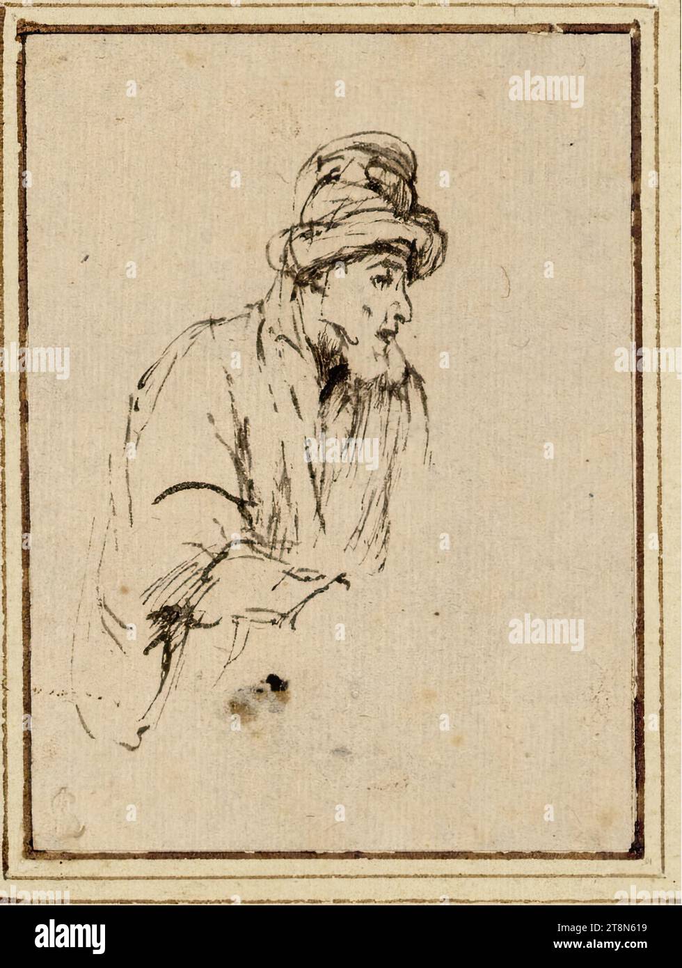 Old man with a turban, in half-length and in profile to the right ...