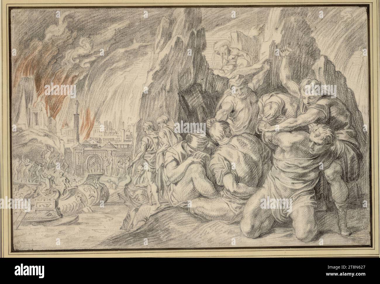 Embarkation of the Greeks in front of the burning Troy, drawing, black ...