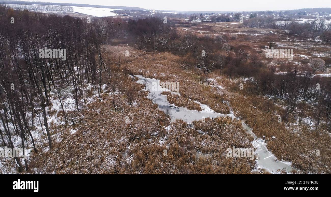 Frozen swamp aerial winter park drone frozen marsh Stock Photo - Alamy