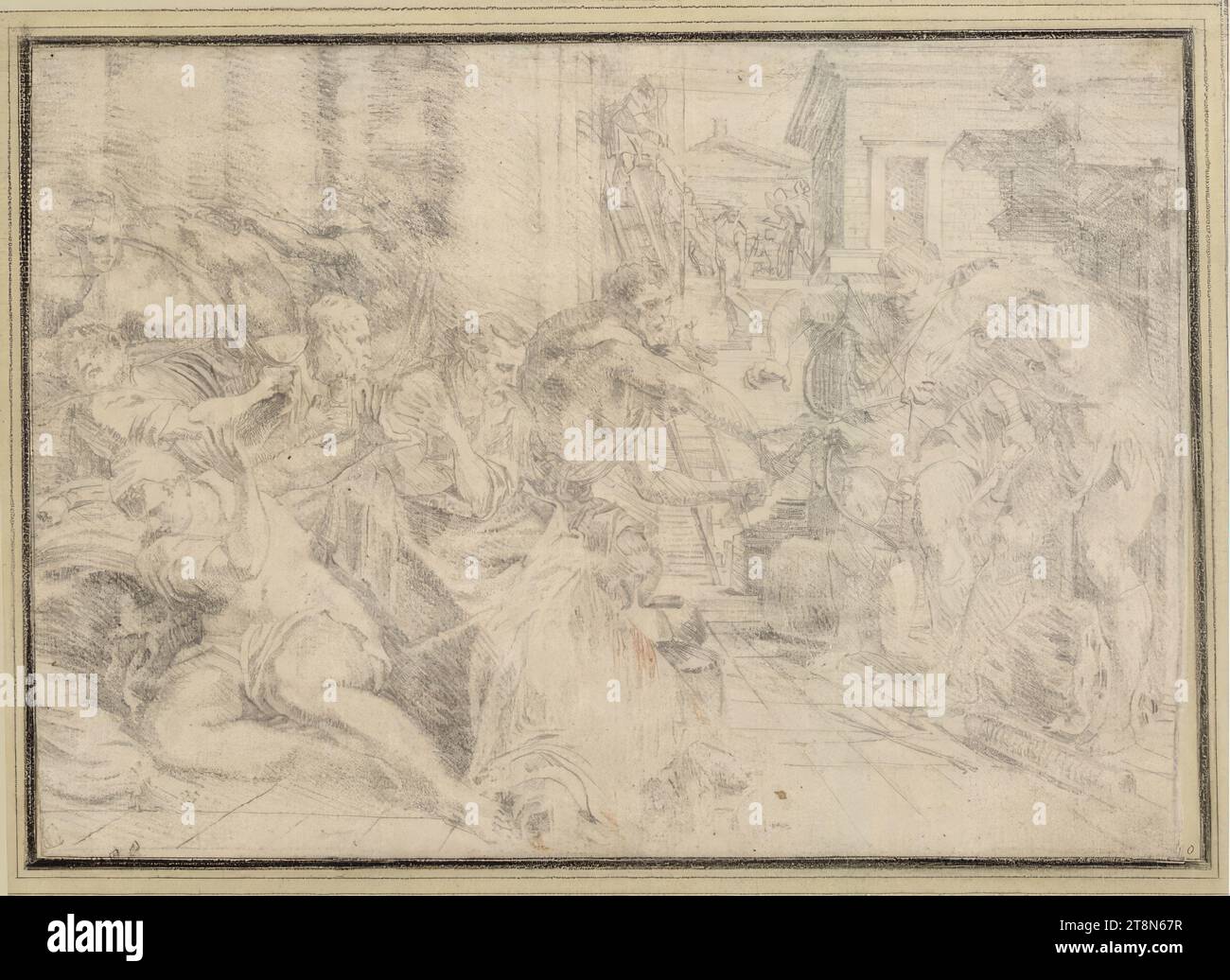 Ulysses and Telemachus kill the suitors, drawing, backprint of black ...