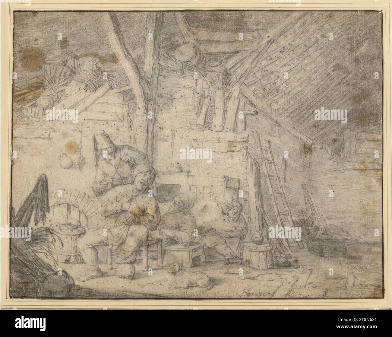 Interior of a barn with carousing peasants, drawing, black chalk (grey ...
