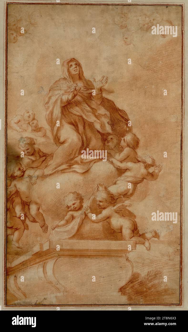 Assumption Day. (Mary kneels on clouds above a sarcophagus, surrounded ...