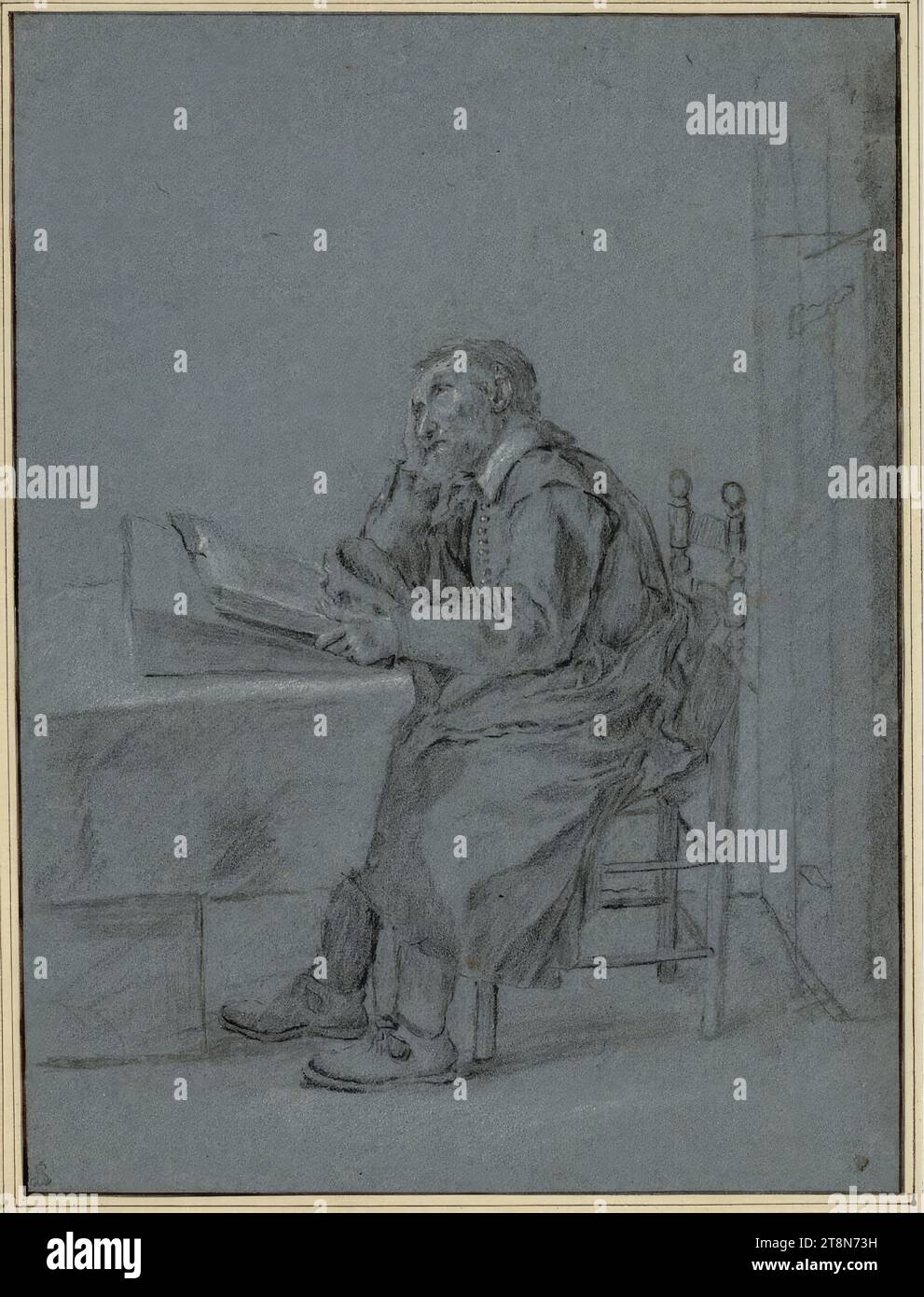Seated scholar in a thinking pose, an open book on the table in front ...