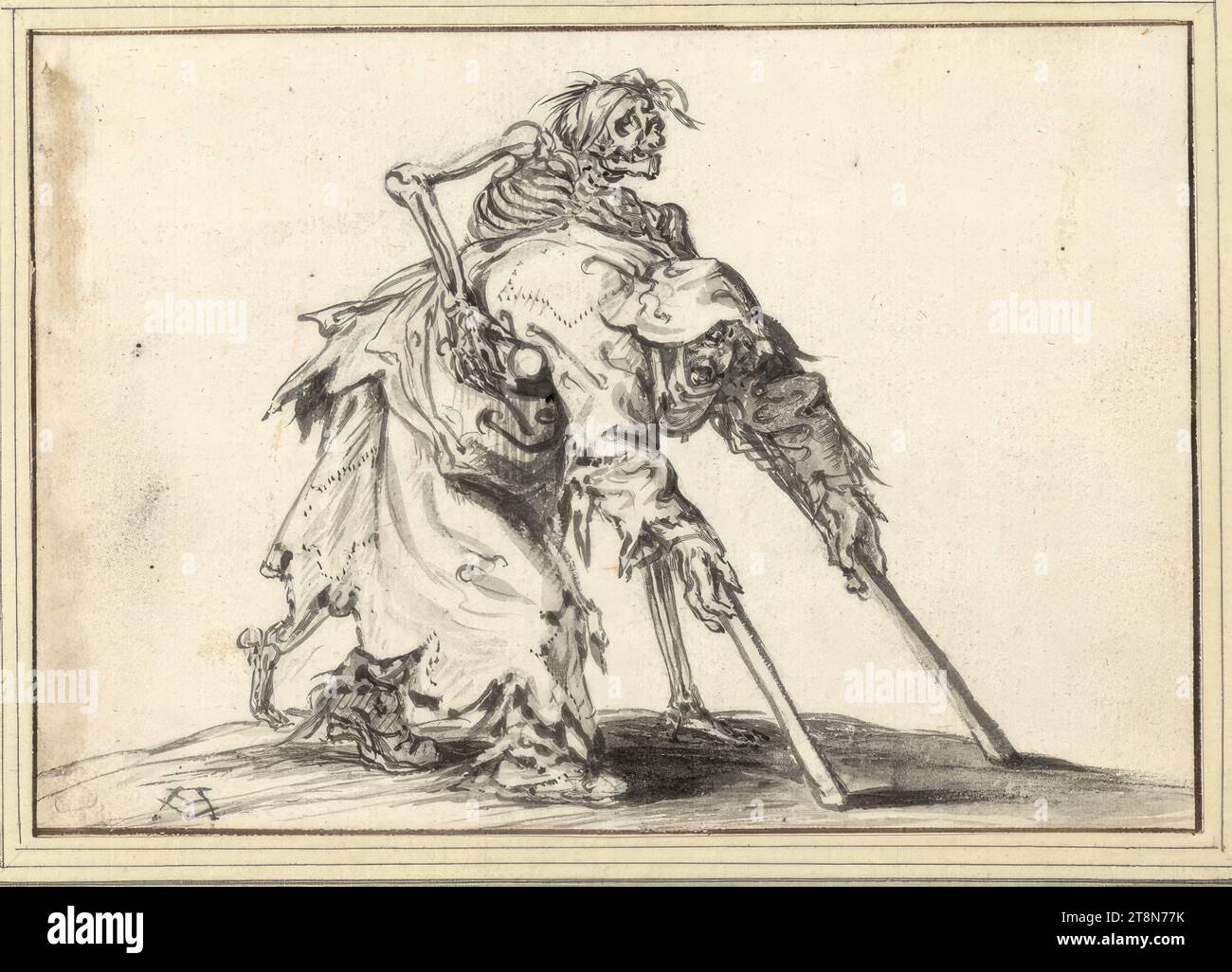 Old beggar on crutches, embraced and supported by death (28), Adriaen ...