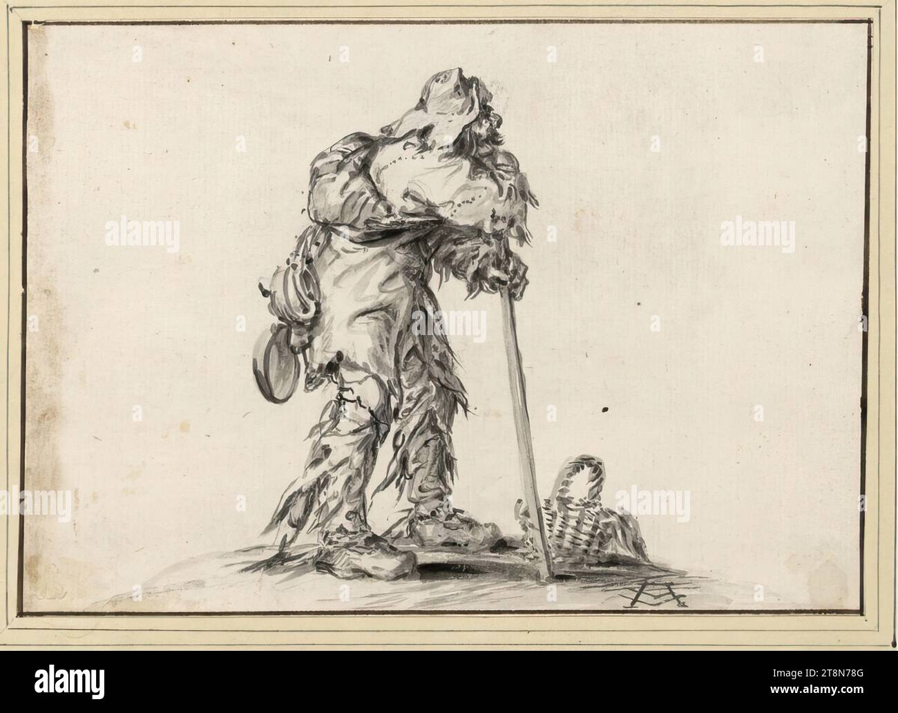 Standing beggar, leaning on his stick, in profile to the right (42 ...