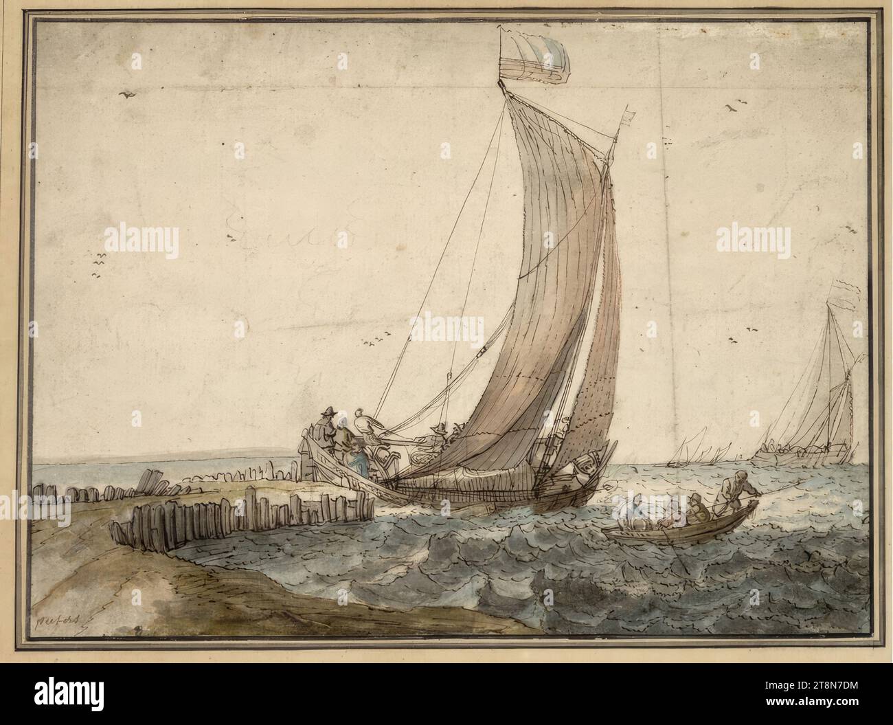 Sailing boat in front of a pier in strong wind, drawing, pen and ink in ...