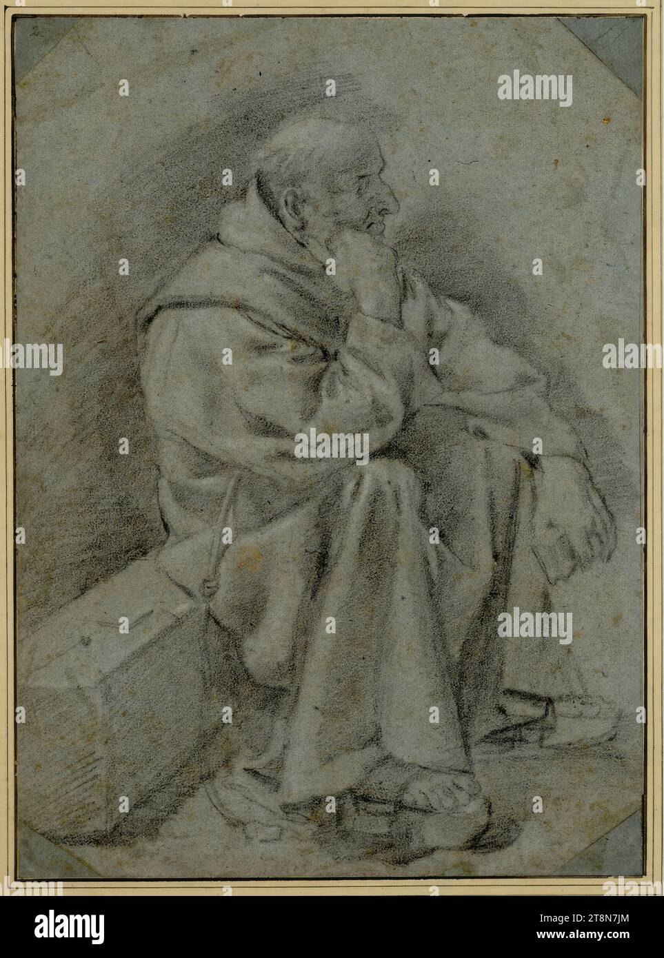 An old monk sits thoughtfully to the right, head resting on his right ...