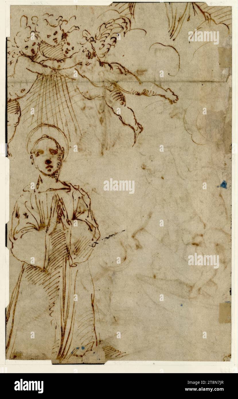 Praying Deacon; above him three angels;, anonymous, Siena, Drawing, pen ...