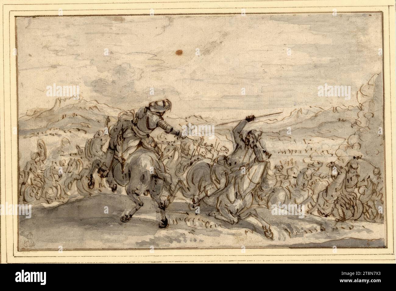 Equestrian battle (in the foreground two fighting horsemen; the horse ...