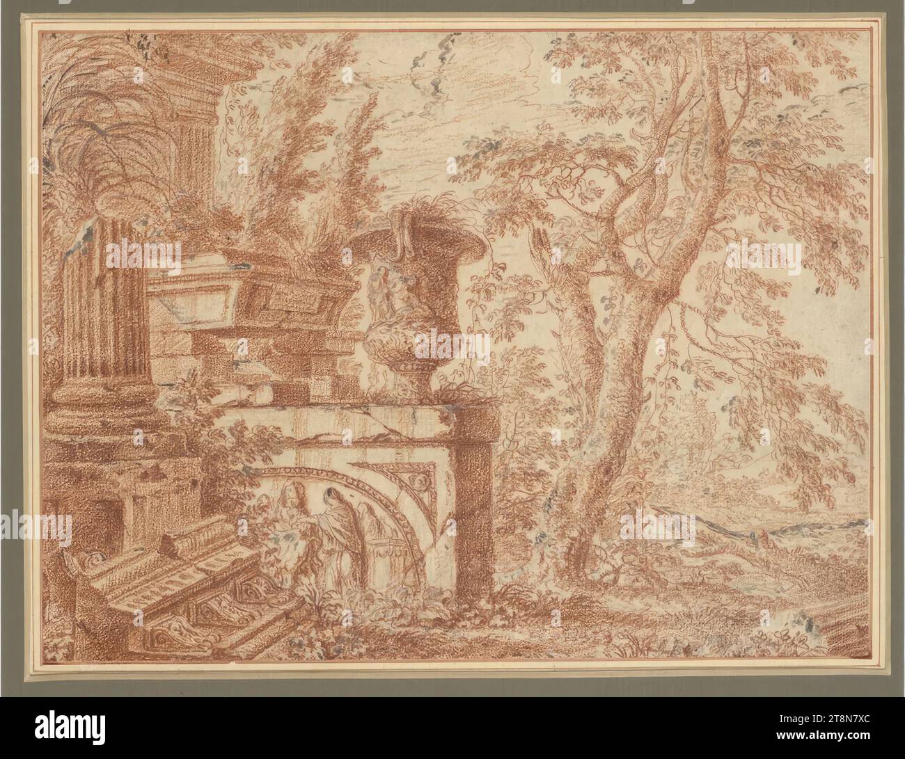 Remains of an ancient temple with a stone vase and a relief of a ...