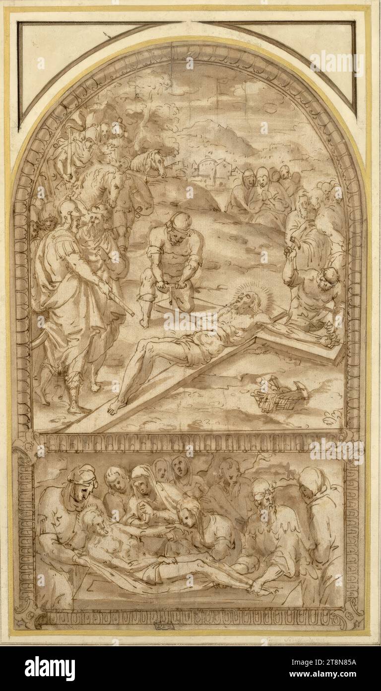 Design for a framed altarpiece attached to the cross; on the predella ...