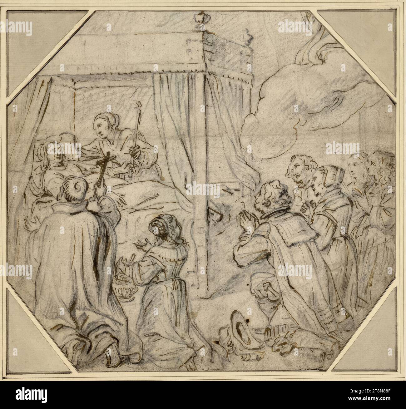 A lady on her deathbed, surrounded by relatives and priests, Abraham ...