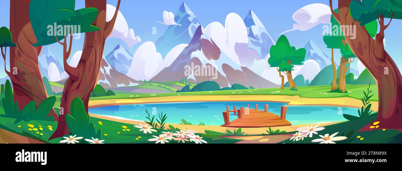 Blue lake with wooden pier and mountain view. Vector cartoon ...