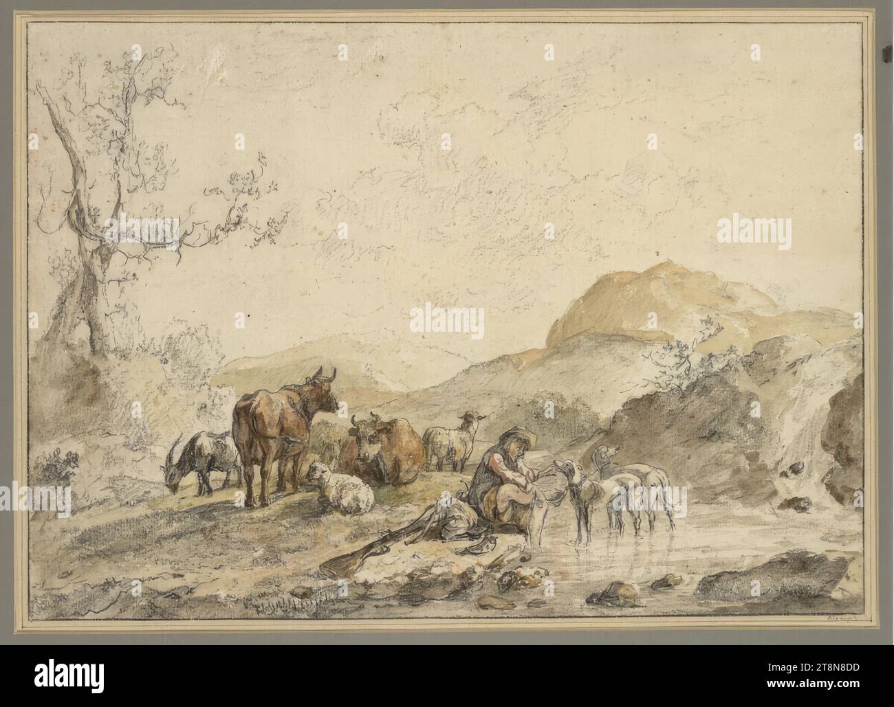 Herd of cattle and resting hunter taking a foot bath, drawing, black ...