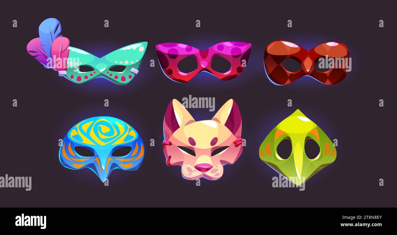 Carnival masks set isolated on black background. Vector cartoon ...