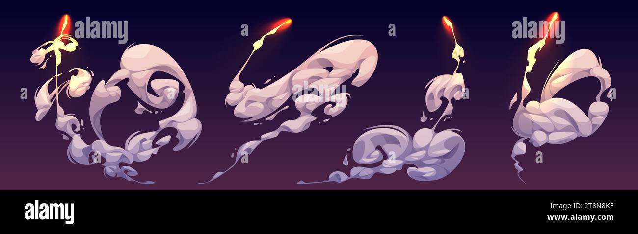 Trail of rocket or shuttle launch with fire and smoke. Cartoon comic ...