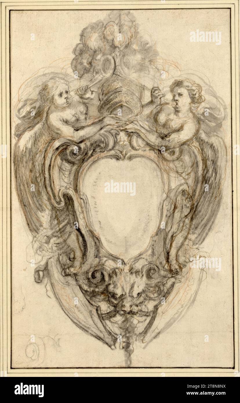 heraldic shield. (Above a helmet with ostrich feathers; left and right ...