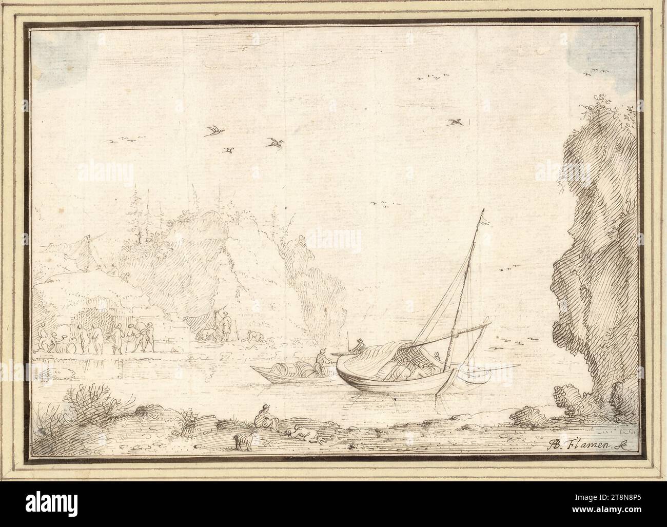 Rocky sea bay with boats transporting barrels (II-25), '2d Livre de ...