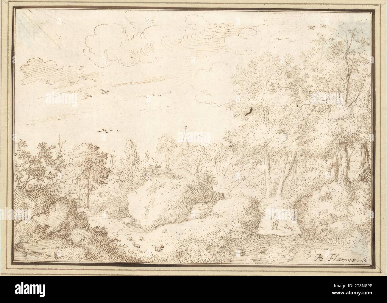 Forest landscape with a ravine, a church tower in the distance (II-44 ...