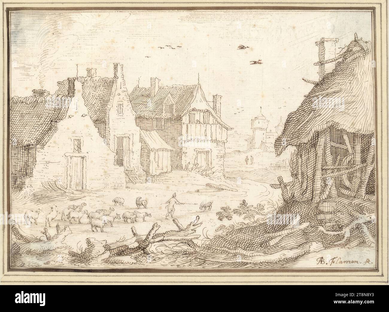 Village street with flock of sheep (III-35), '3e Livre de Dessin de AB ...