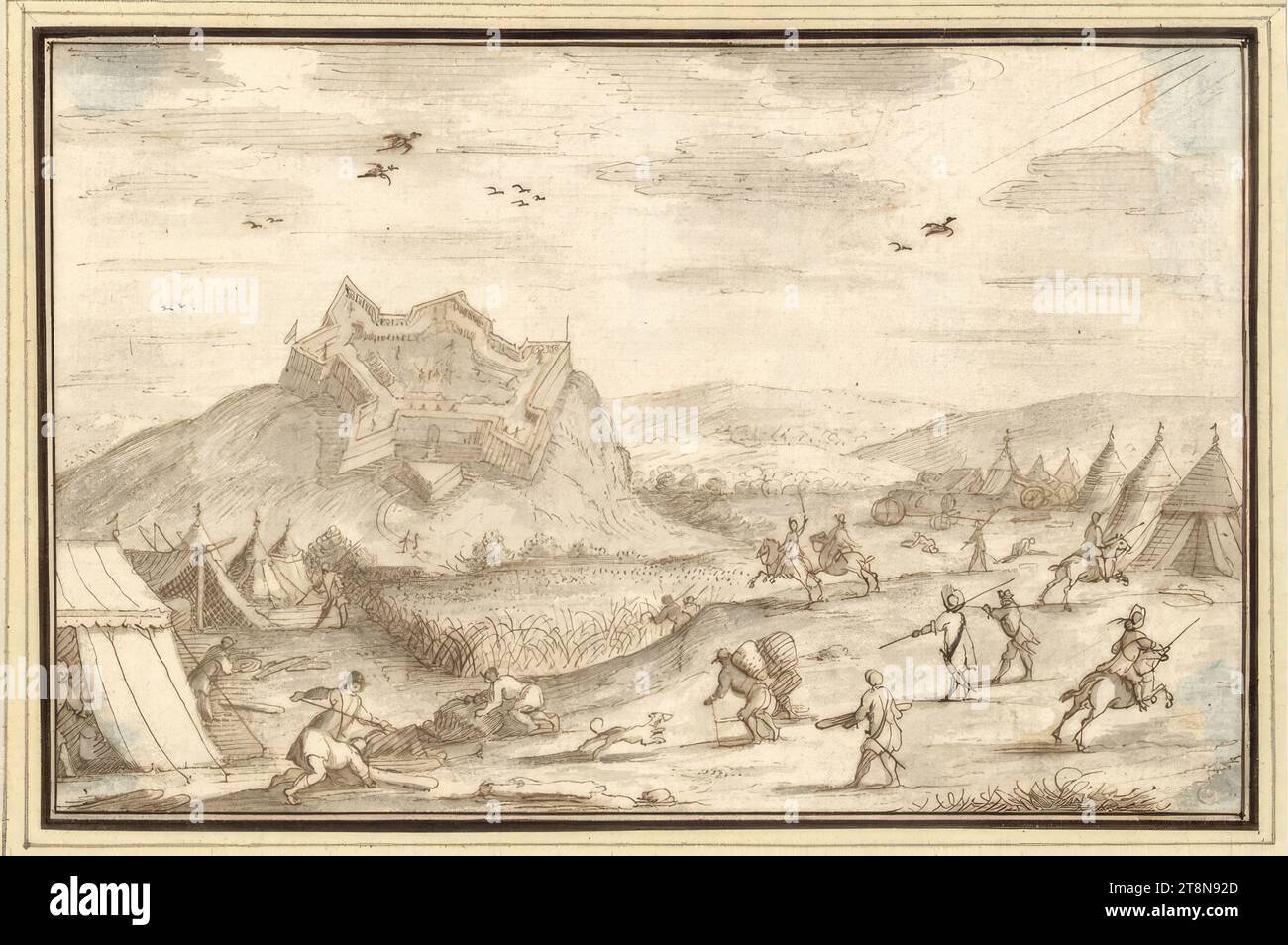 Camp in front of a bird's-eye view of a fortress (IV-39), '4e Livre de ...